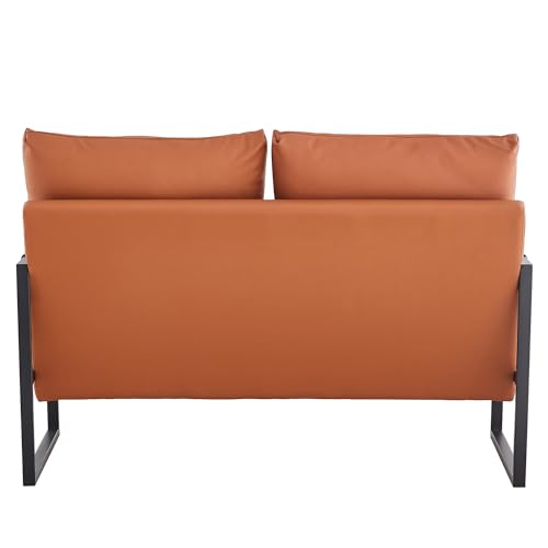 RIGHTPARTS Modern Two-Seater Sofa Chair, Living Room Sofa with 2 Pillows,PU Leather Sofa Bed, High-Density Foam, Black Coated Metal Frame,Brown