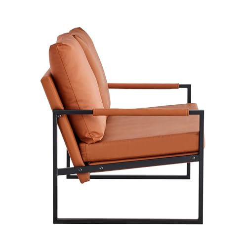 RIGHTPARTS Modern Two-Seater Sofa Chair, Living Room Sofa with 2 Pillows,PU Leather Sofa Bed, High-Density Foam, Black Coated Metal Frame,Brown