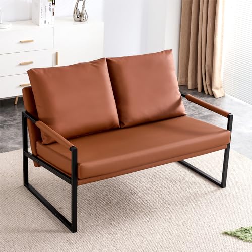 RIGHTPARTS Modern Two-Seater Sofa Chair, Living Room Sofa with 2 Pillows,PU Leather Sofa Bed, High-Density Foam, Black Coated Metal Frame,Brown