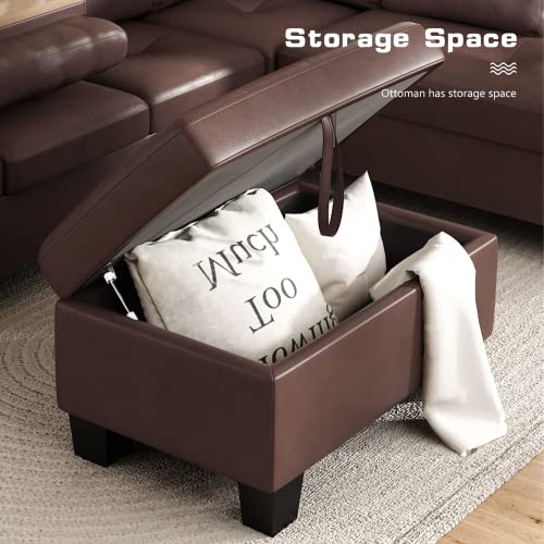 AWQM Upholstered Sectional Sofa w/Chaise Lounge, Modern L Shaped Sofa Couch with Storage Ottoman Bench, PU Leather Sectional Couches with Cup Holder for Living Room Small Space