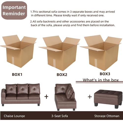 AWQM Upholstered Sectional Sofa w/Chaise Lounge, Modern L Shaped Sofa Couch with Storage Ottoman Bench, PU Leather Sectional Couches with Cup Holder for Living Room Small Space