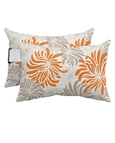Recliner Head Pillow Ledge Loungers Chair Pillows with Insert Gray Orange Chrysanthemu Retro Texture Lumbar Pillow with Adjustable Strap Outdoor Waterproof Patio Pillows for Beach Pool Chair, 2 PCS