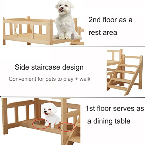 Pet Bed American Wooden Dog Bed Frame, 2-Layer Large Pet Bed, Raised Indoor Pet Furniture, with Stairs + Guardrail(Size:XL(90x55x70cm))