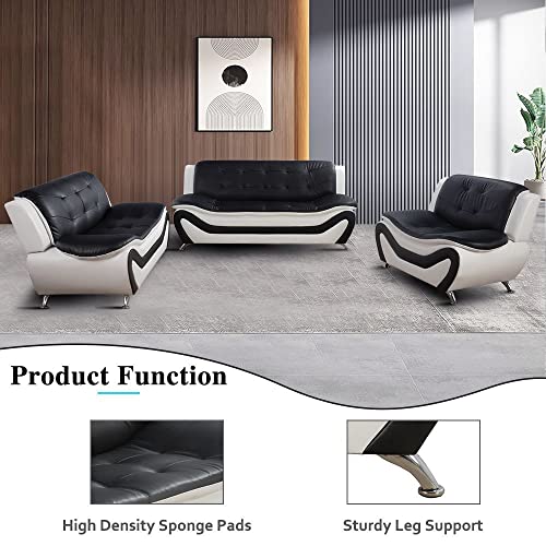 HOMVET Faux Leather 3 Piece-Modern Sofa,Couch Set for Living Room,Black & White