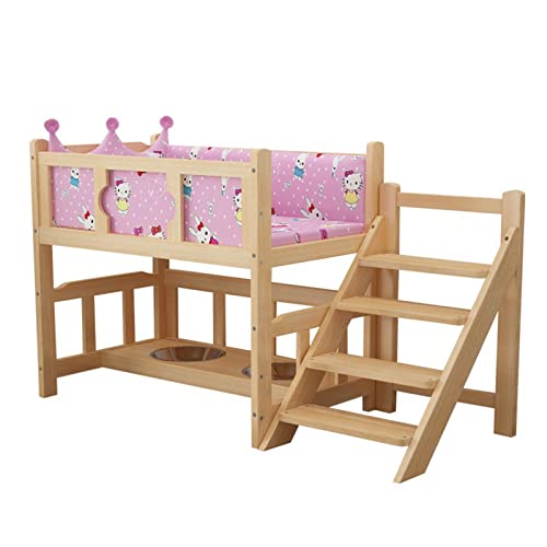 Pet Bed American Wooden Dog Bed Frame, 2-Layer Large Pet Bed, Raised Indoor Pet Furniture, with Stairs + Guardrail(Size:XL(90x55x70cm))