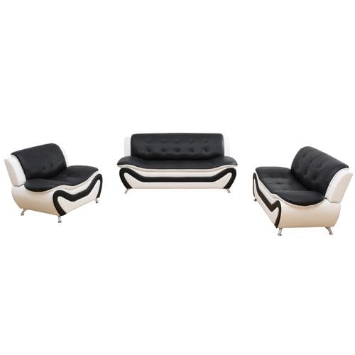 HOMVET Faux Leather 3 Piece-Modern Sofa,Couch Set for Living Room,Black & White