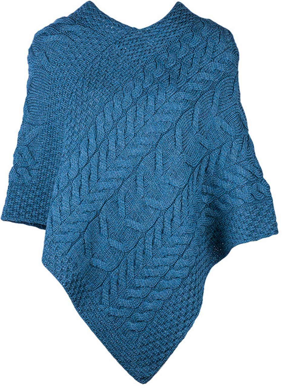 Super Soft Merino Wool Triangular Aran Cable Knit Design Poncho, Blue Colour