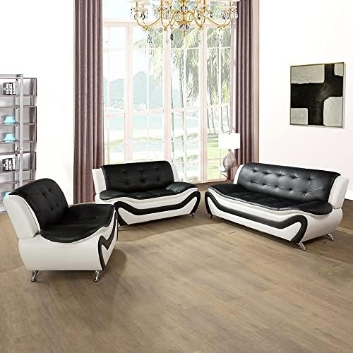 HOMVET Faux Leather 3 Piece-Modern Sofa,Couch Set for Living Room,Black & White