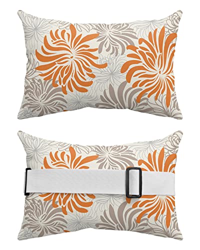 Recliner Head Pillow Ledge Loungers Chair Pillows with Insert Gray Orange Chrysanthemu Retro Texture Lumbar Pillow with Adjustable Strap Outdoor Waterproof Patio Pillows for Beach Pool Chair, 2 PCS