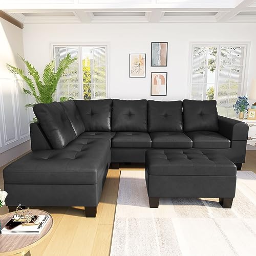 Lamerge Living Room Sectional Couch with Storage Ottoman, Modern PU Leather L-Shaped Sofa Couch Set, Black Modular Sofa Sectional w/Cup Holder, Living Room Furniture Set for Apartment, Small Space