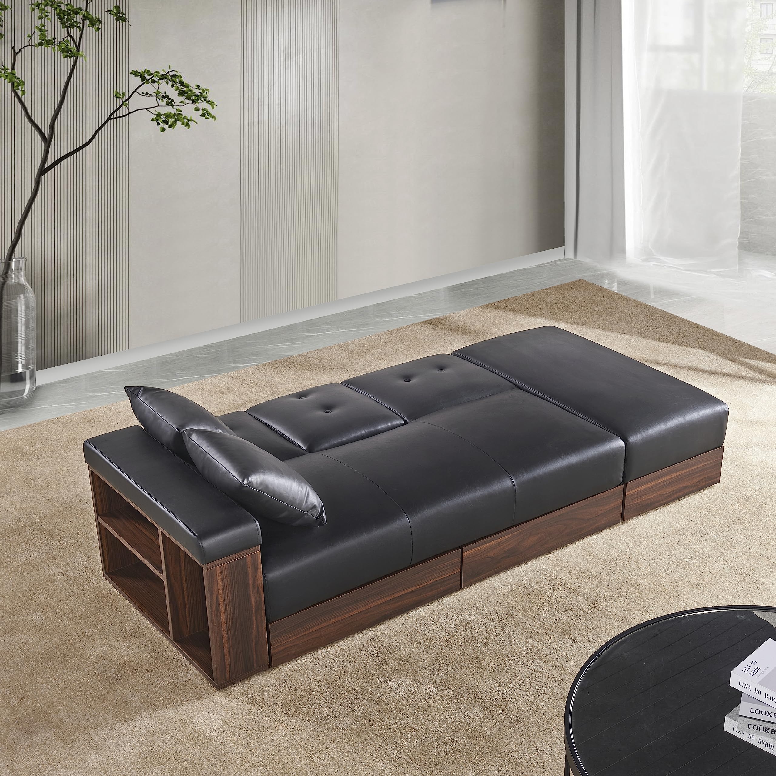 Multi-Functional Sectional Sofa Couch Convertible PU Leather Futon Sofa Sleeper Bed w/Storage Box,Cup Holder,Side 2-Tier Storage Rack, Modern Wood Modular Sofa Couch for Living Room,Black