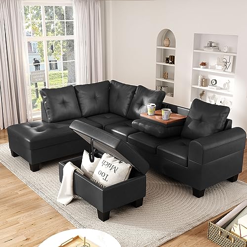Lamerge Living Room Sectional Couch with Storage Ottoman, Modern PU Leather L-Shaped Sofa Couch Set, Black Modular Sofa Sectional w/Cup Holder, Living Room Furniture Set for Apartment, Small Space
