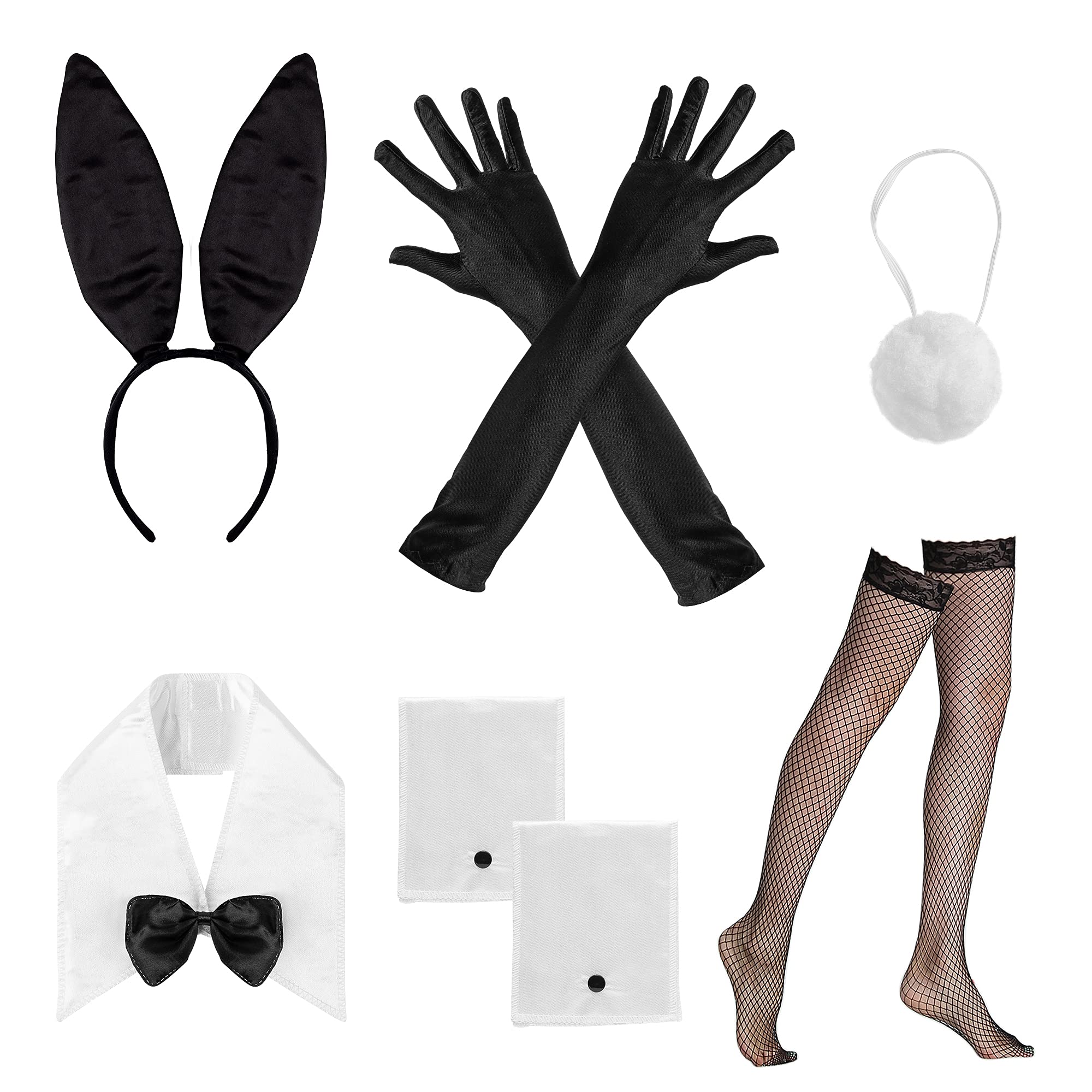 VERSRH 7pcs Bunny Costume Accessories for Women Set of Bunny Ears Headband Tail Bow Tie Arm Cuffs Black Gloves Fishnet Stockings, Rabbit Outfit Costumes, Black, White