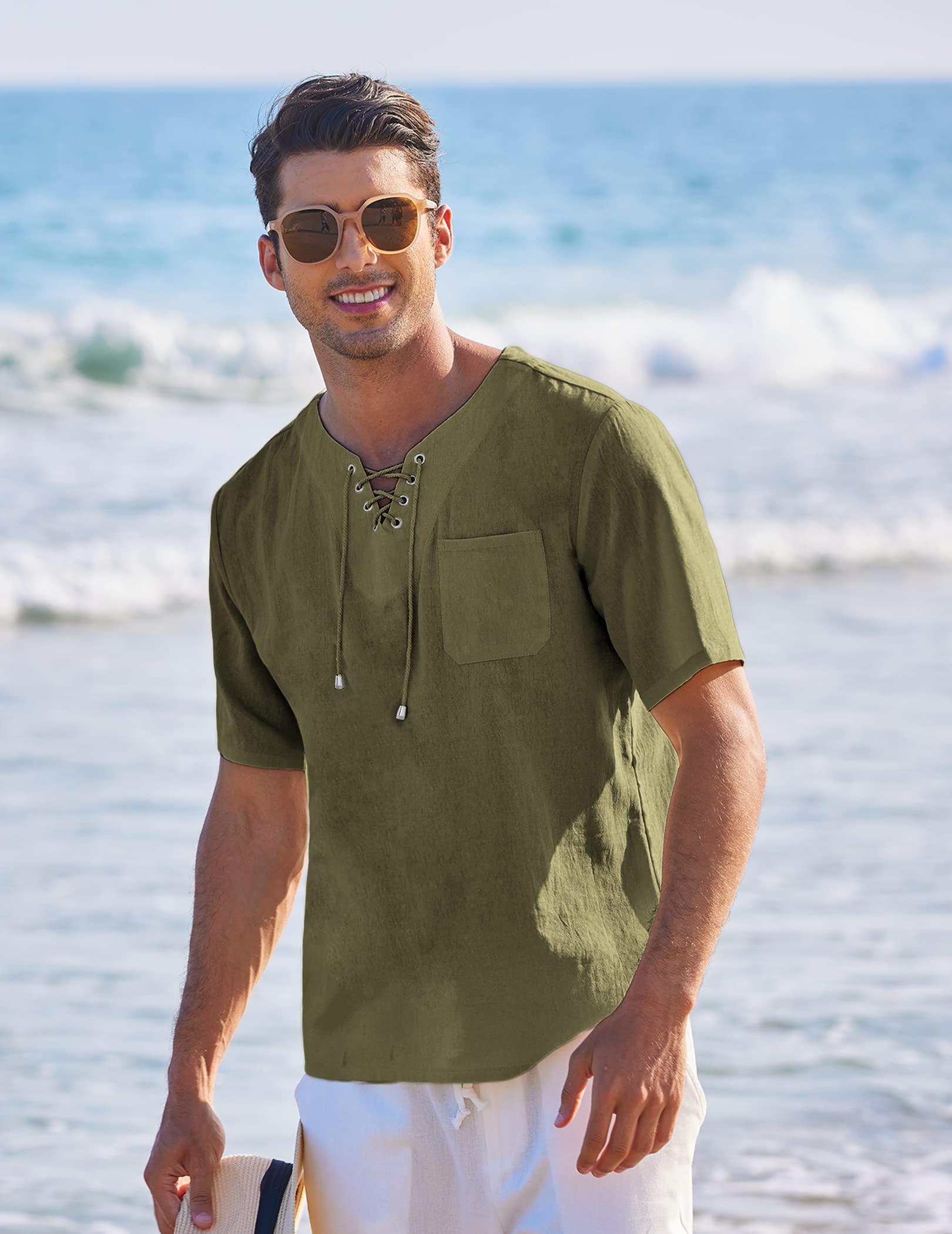 COOFANDY Men Cotton Linen Shirts Lace Up Short Sleeve Beach Shirts Casual Hippie Yoga Renaissance Tunic
