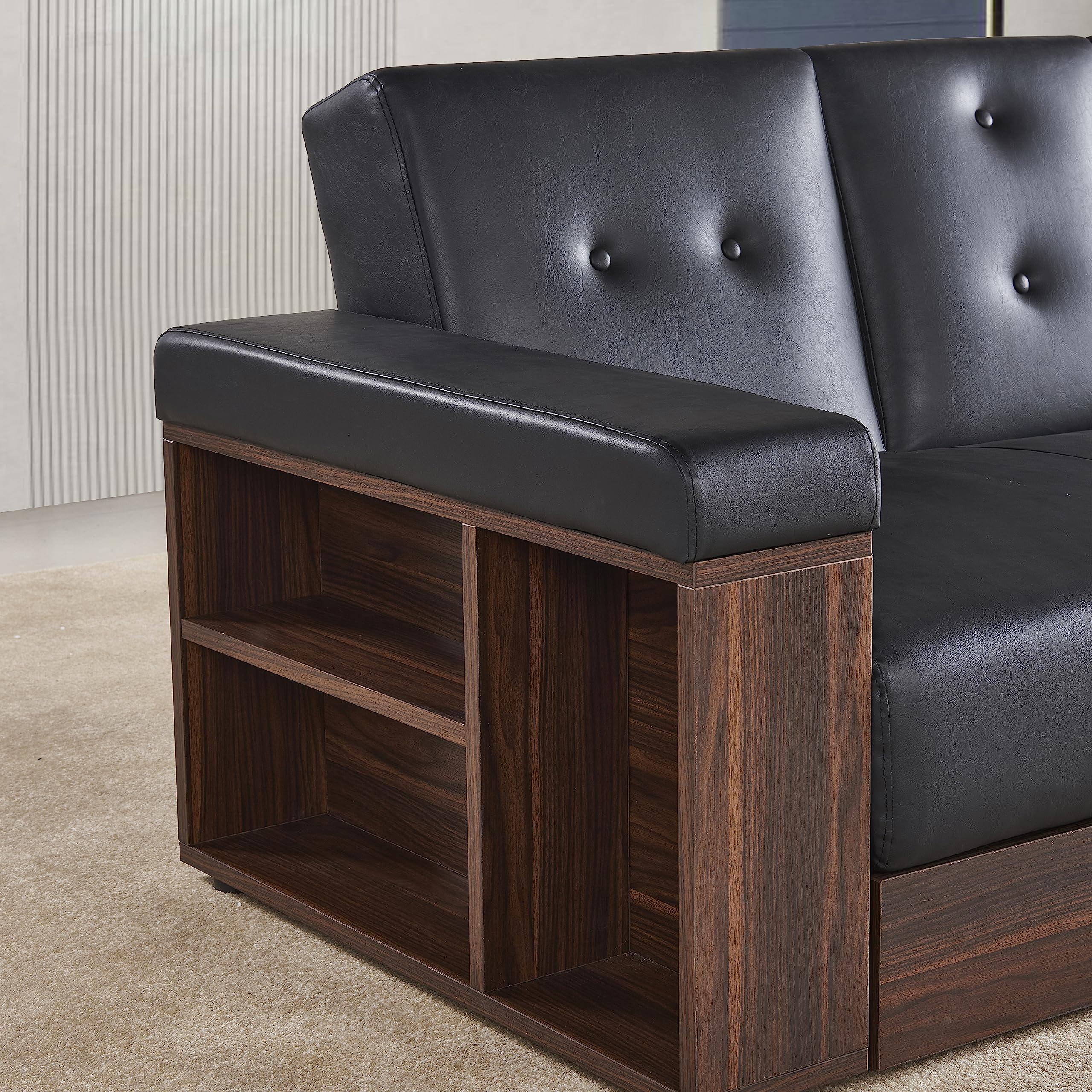 Multi-Functional Sectional Sofa Couch Convertible PU Leather Futon Sofa Sleeper Bed w/Storage Box,Cup Holder,Side 2-Tier Storage Rack, Modern Wood Modular Sofa Couch for Living Room,Black