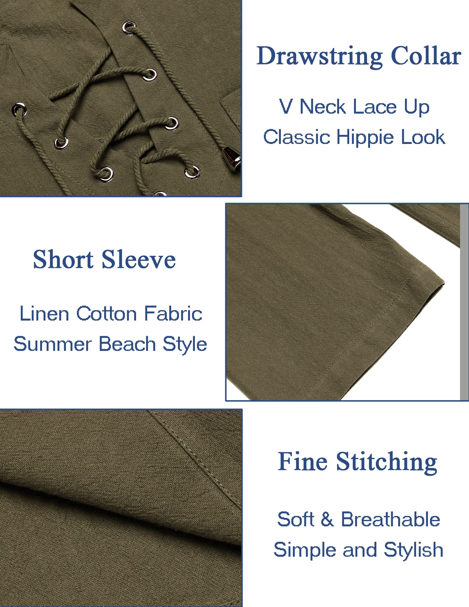 COOFANDY Men Cotton Linen Shirts Lace Up Short Sleeve Beach Shirts Casual Hippie Yoga Renaissance Tunic