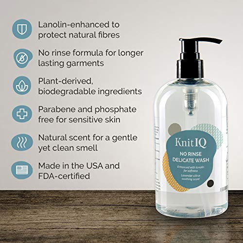 KnitIQ No Rinse Delicate Wash Liquid Detergent, 16.9 fl. oz - Natural Wool Wash with Lanolin for Delicates and Knit Wool Fabric, Lavender Citrus Fragrance, 100 Washes