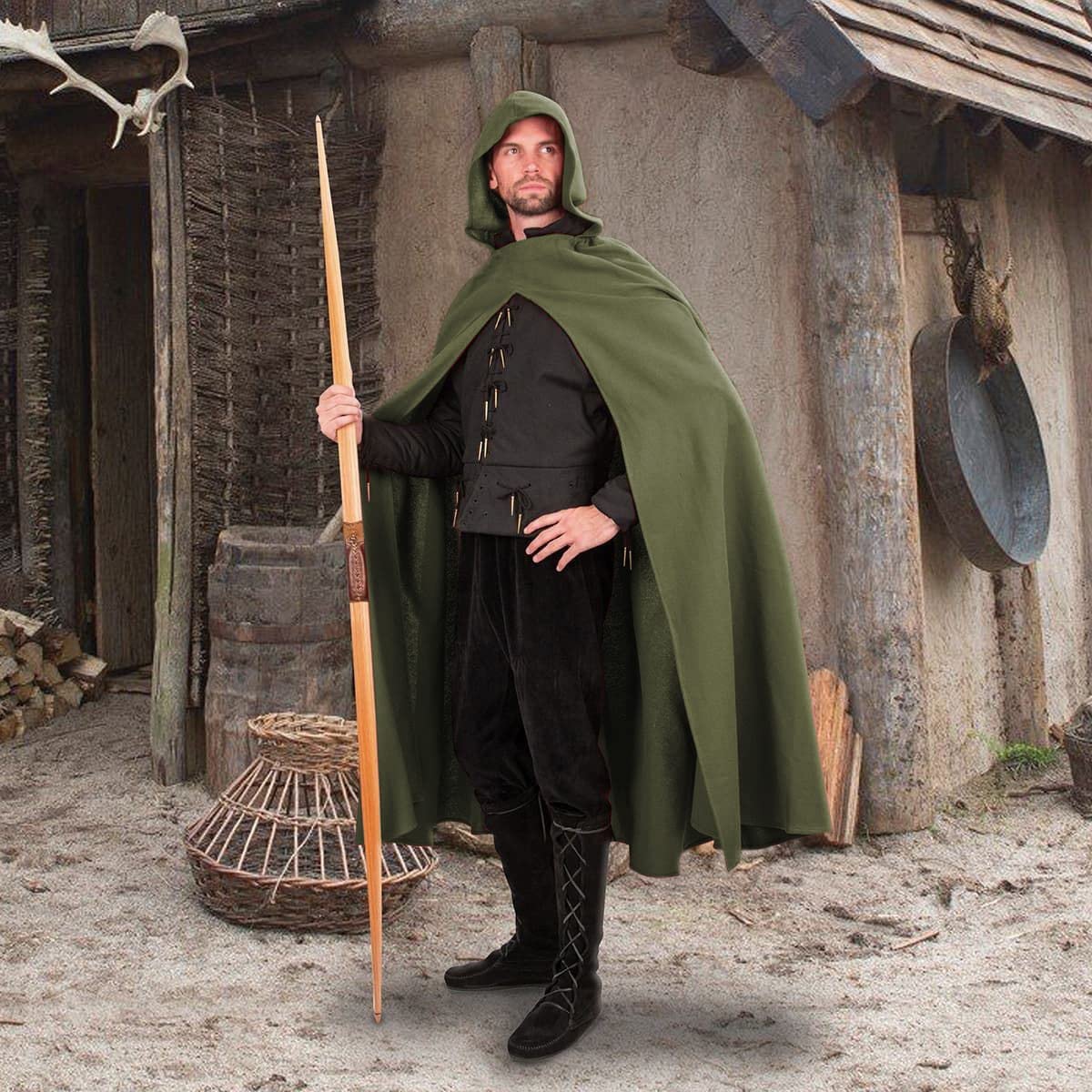 JPXH Renaissance Hooded Cape Witch Cloak with Hood Medieval Halloween Costume-Green