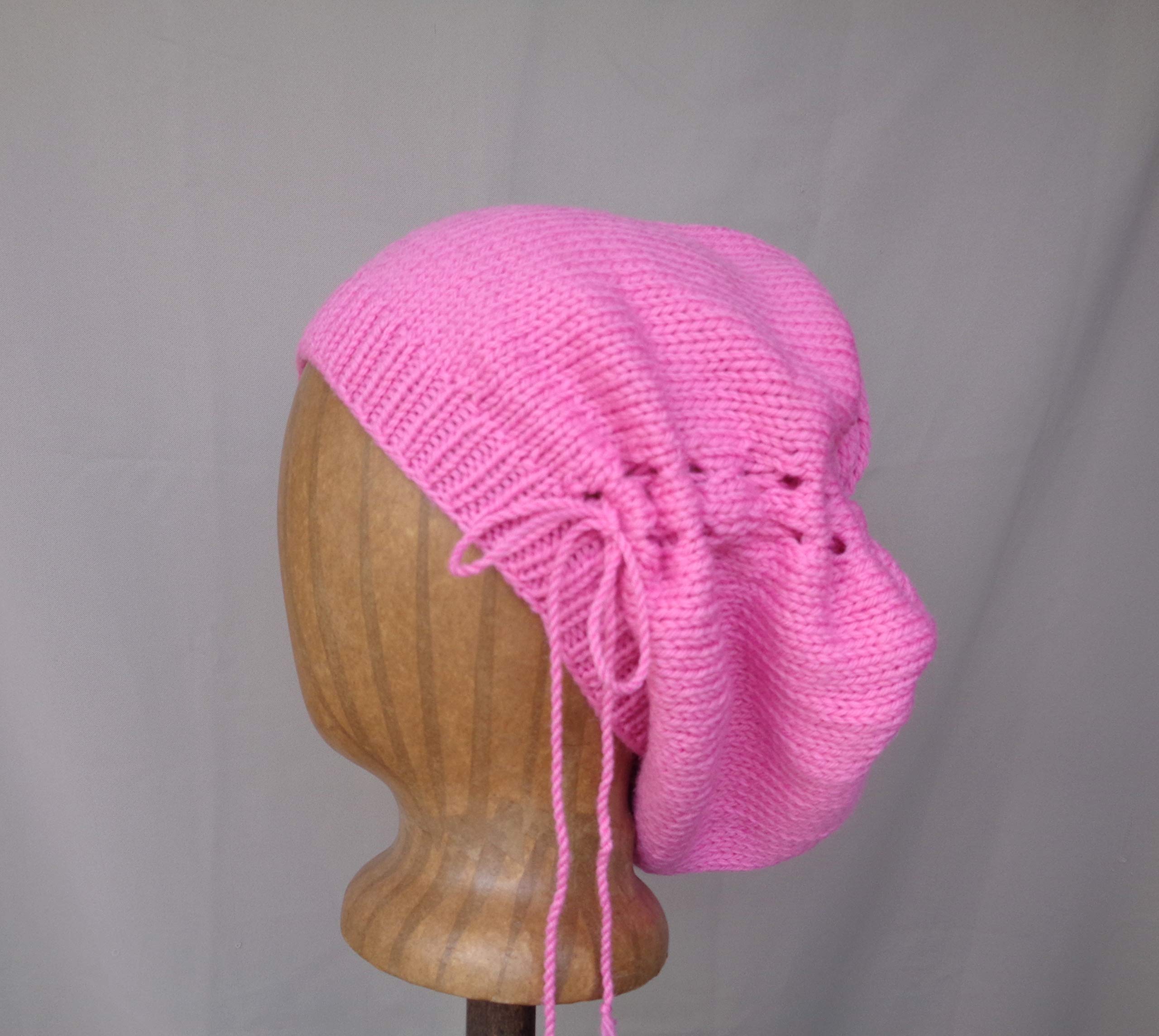 Scrunch Slouch Hat, Gathered Slouchy Beanie, Drawstring Bow, Hand Knit, Soft Wool, Dredlock Rasta
