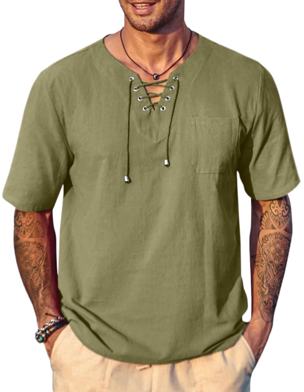 COOFANDY Men Cotton Linen Shirts Lace Up Short Sleeve Beach Shirts Casual Hippie Yoga Renaissance Tunic