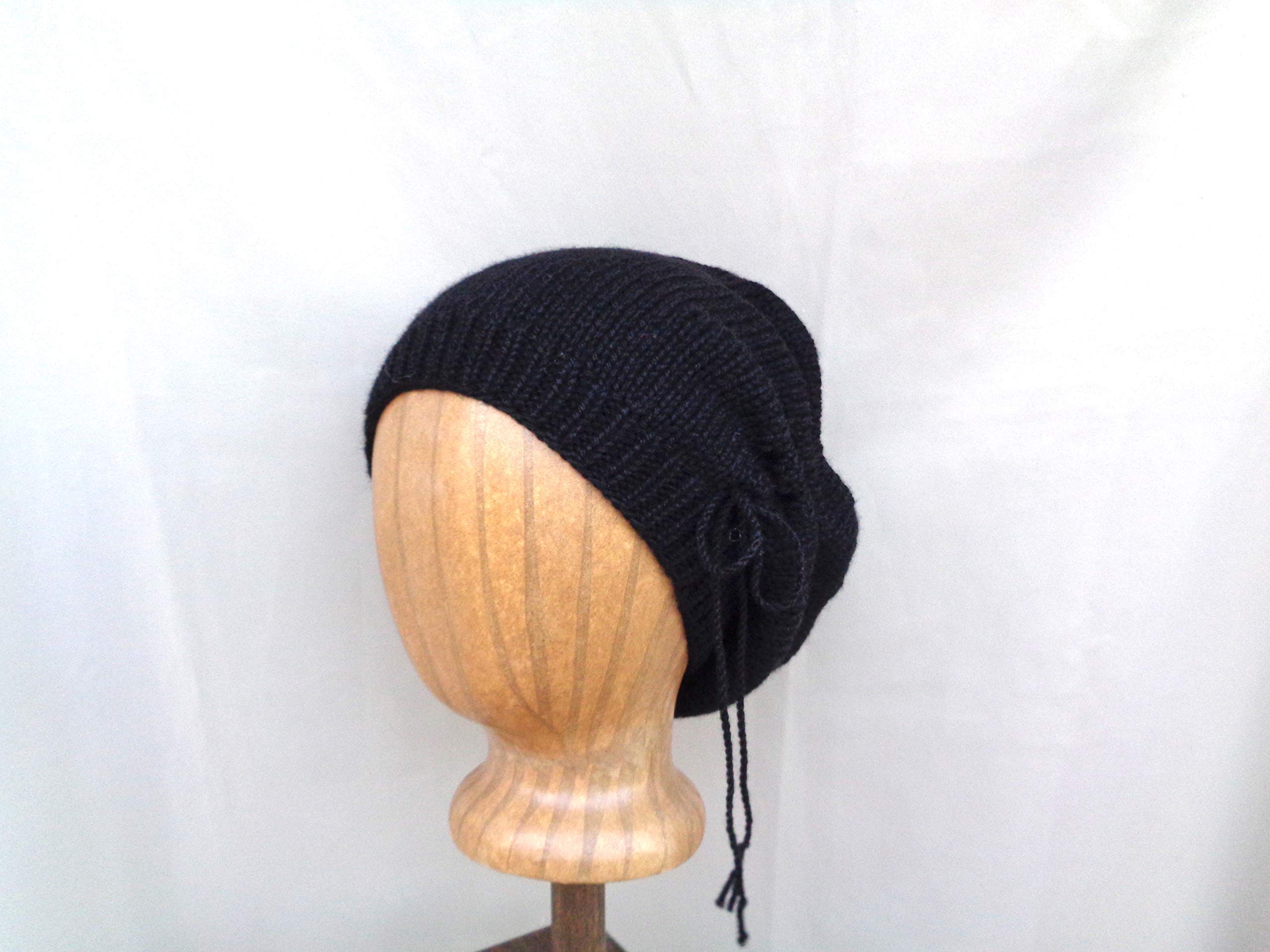 Scrunch Slouch Hat, Gathered Slouchy Beanie, Drawstring Bow, Hand Knit, Soft Wool, Dredlock Rasta