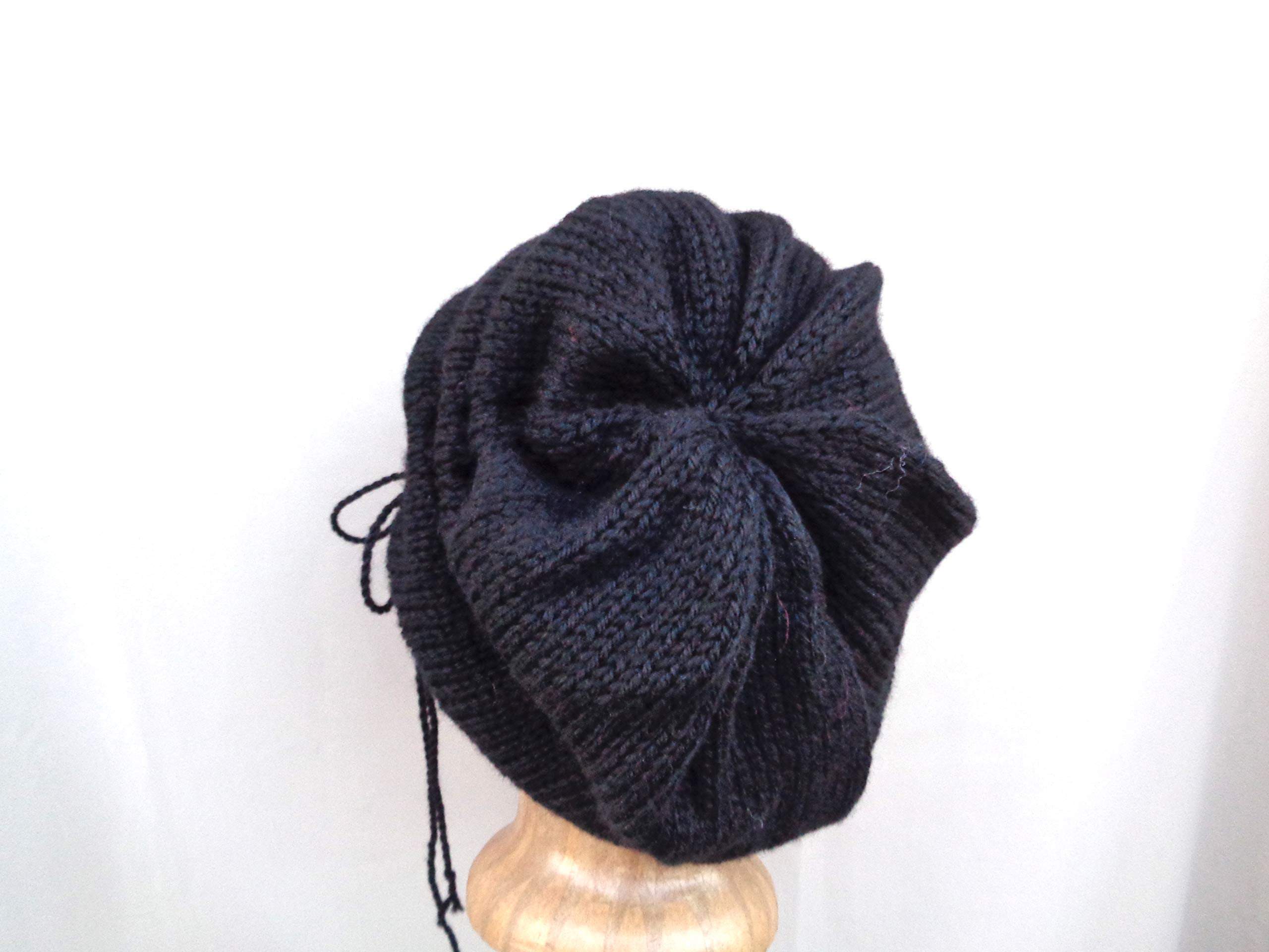 Scrunch Slouch Hat, Gathered Slouchy Beanie, Drawstring Bow, Hand Knit, Soft Wool, Dredlock Rasta