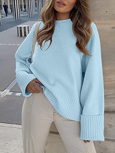 ANRABESS Women's Oversized Crewneck Long Sleeve Fuzzy Knit Casual Chunky Warm 2025 Fall Pullover Sweaters Top Trendy Outfits Blue X-Large