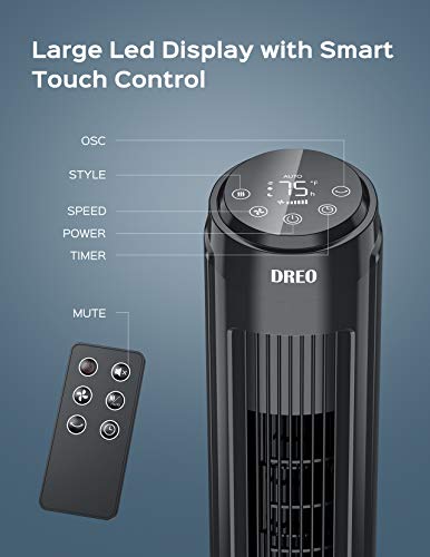 Dreo Tower Fan for bedroom, 90° Oscillating Fans with remote, 3 Modes 4Speeds, 12H Timer, Space-Saving, LED Display with Touch Control, 40 Inch Quiet Bladeless Floor Fan for Home Office, Cruiser Pro