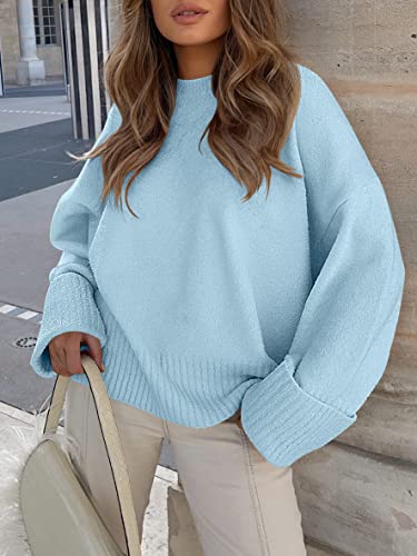 ANRABESS Women's Oversized Crewneck Long Sleeve Fuzzy Knit Casual Chunky Warm 2025 Fall Pullover Sweaters Top Trendy Outfits Blue X-Large