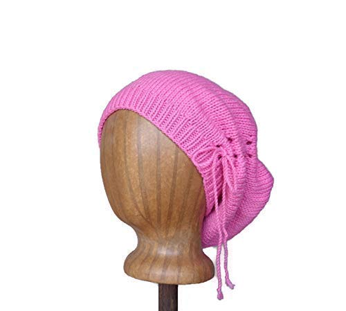 Scrunch Slouch Hat, Gathered Slouchy Beanie, Drawstring Bow, Hand Knit, Soft Wool, Dredlock Rasta