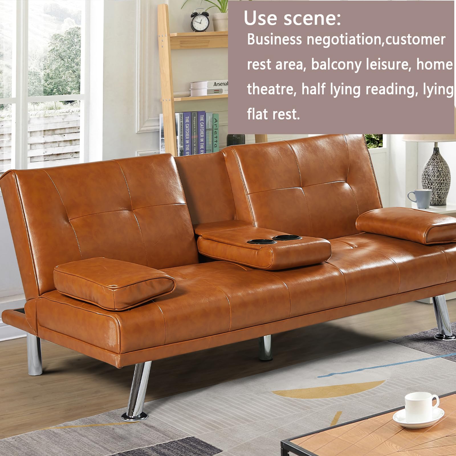 Convertible Futon Couch Sofa Bed, Modern Sleeper Leather Sofa Bed with Adjustable Back and 2 Cup Holders, Folding Loveseat Daybed Guest Bed for Living Room, Apartment, Office (Tan)
