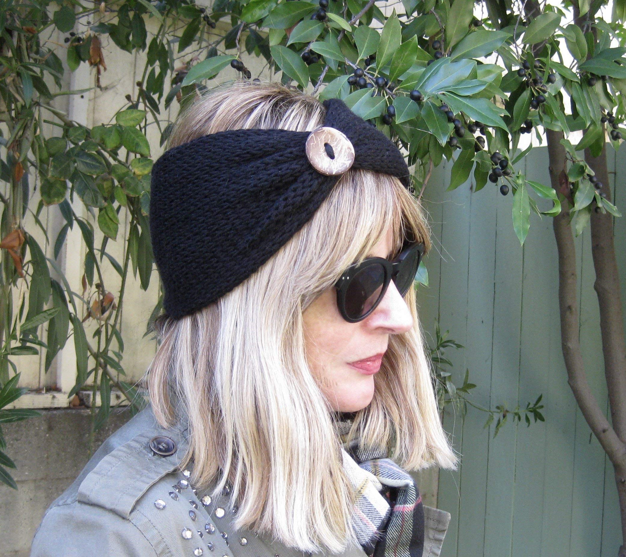 Handmade Black Knitted Wool Headband Ear Muffs with Coconut Button