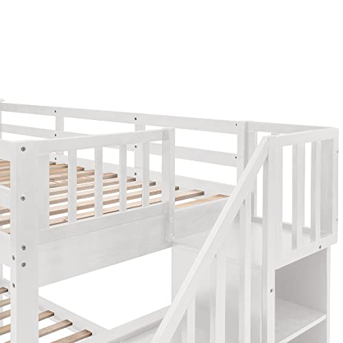 MERITLINE Twin Over Full Bunk Bed with Stairs, Wood Bunk Bed Frame with Storage Drawers and Shelves, No Box Spring Needed, White