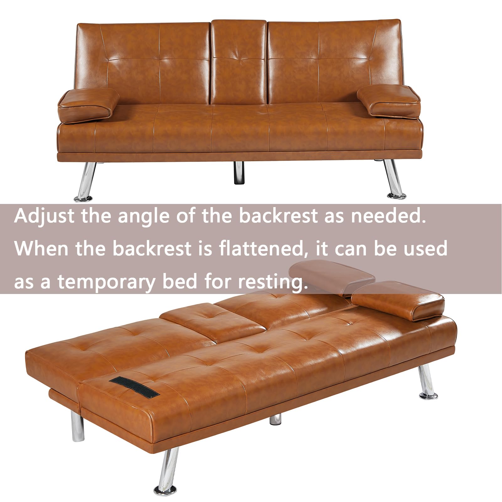 Convertible Futon Couch Sofa Bed, Modern Sleeper Leather Sofa Bed with Adjustable Back and 2 Cup Holders, Folding Loveseat Daybed Guest Bed for Living Room, Apartment, Office (Tan)