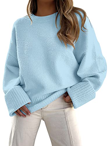 ANRABESS Women's Oversized Crewneck Long Sleeve Fuzzy Knit Casual Chunky Warm 2025 Fall Pullover Sweaters Top Trendy Outfits Blue X-Large