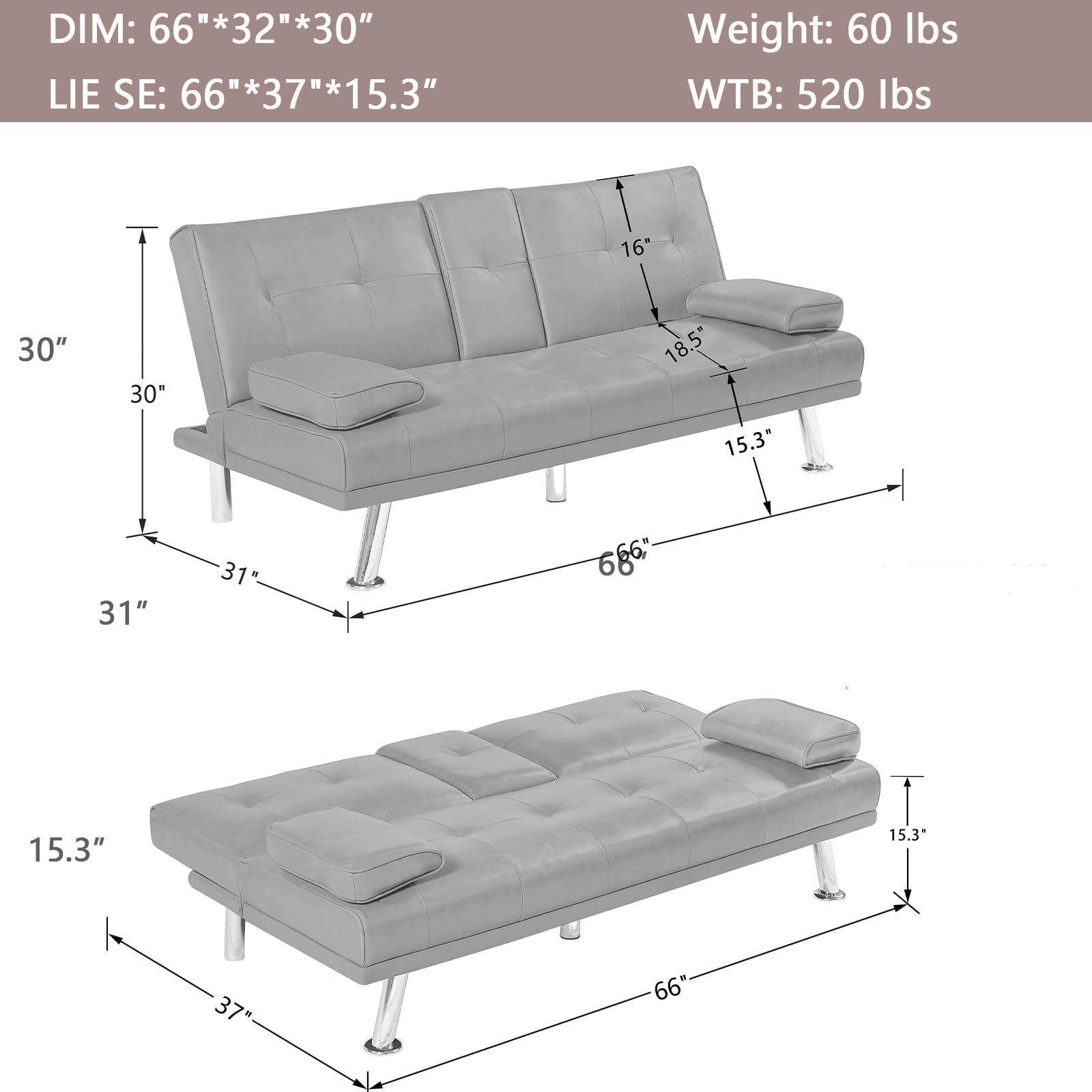 Convertible Futon Couch Sofa Bed, Modern Sleeper Leather Sofa Bed with Adjustable Back and 2 Cup Holders, Folding Loveseat Daybed Guest Bed for Living Room, Apartment, Office (Tan)
