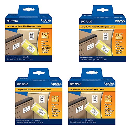 Brother Genuine DK-1240 Die-Cut Large Multi-Purpose White Paper Labels for Brother QL Label Printers, 1.9" x 4" (50.5mm x 101mm), 600 Labels per Roll, DK1240 (4)