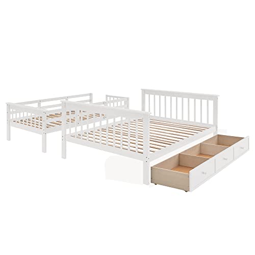 MERITLINE Twin Over Full Bunk Bed with Stairs, Wood Bunk Bed Frame with Storage Drawers and Shelves, No Box Spring Needed, White