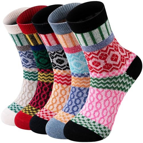 coclothy Wool Socks for Women, 5 Pairs - Warm Knit Vintage Crew Socks, Free Size 6-10, Casual, Breathable, Christmas