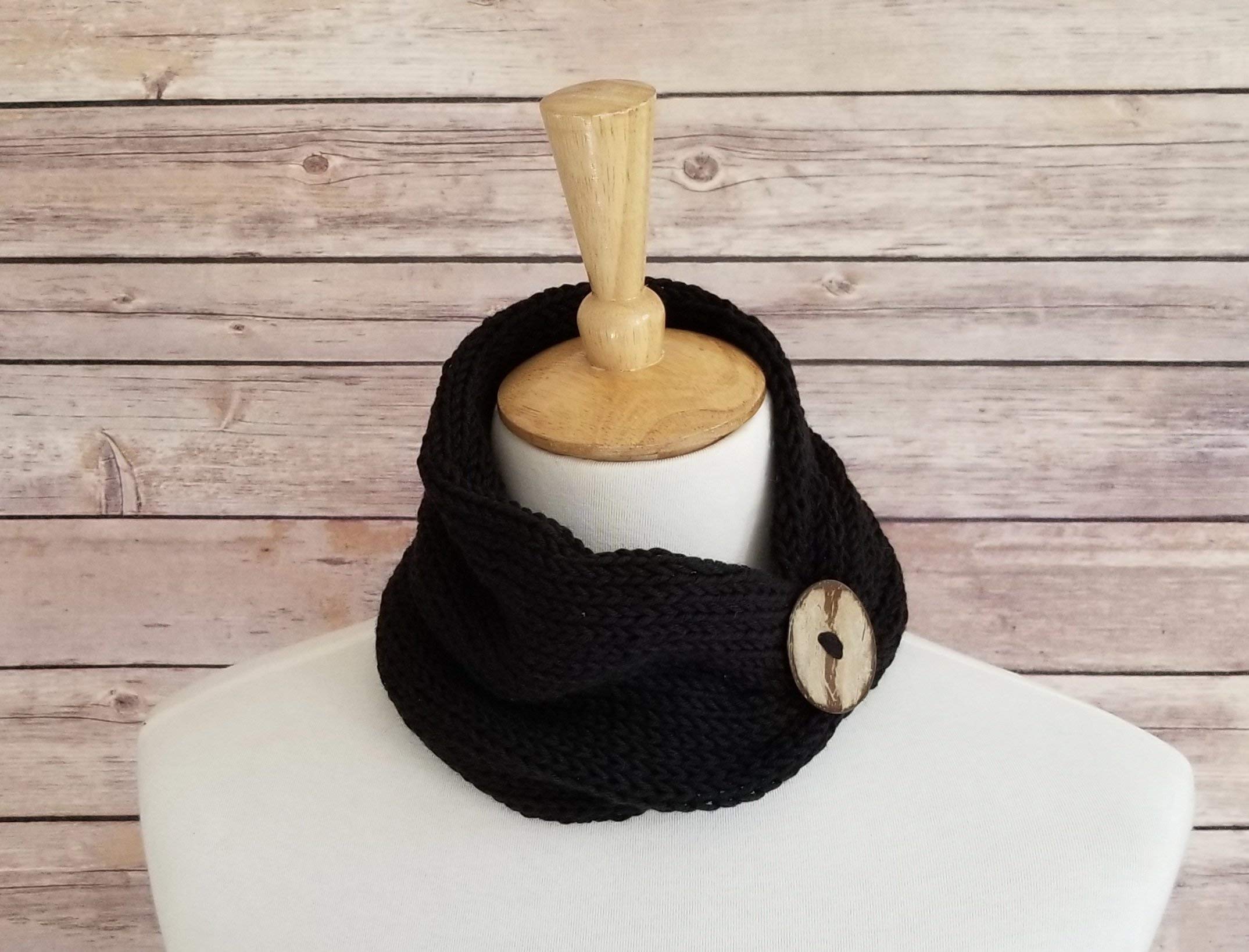 Handmade Black Knitted Wool Headband Ear Muffs with Coconut Button