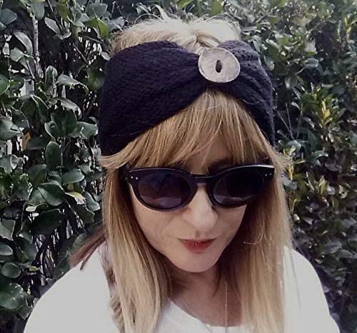 Handmade Black Knitted Wool Headband Ear Muffs with Coconut Button