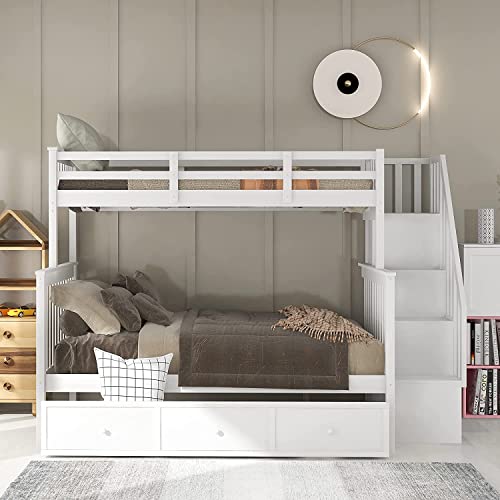 MERITLINE Twin Over Full Bunk Bed with Stairs, Wood Bunk Bed Frame with Storage Drawers and Shelves, No Box Spring Needed, White