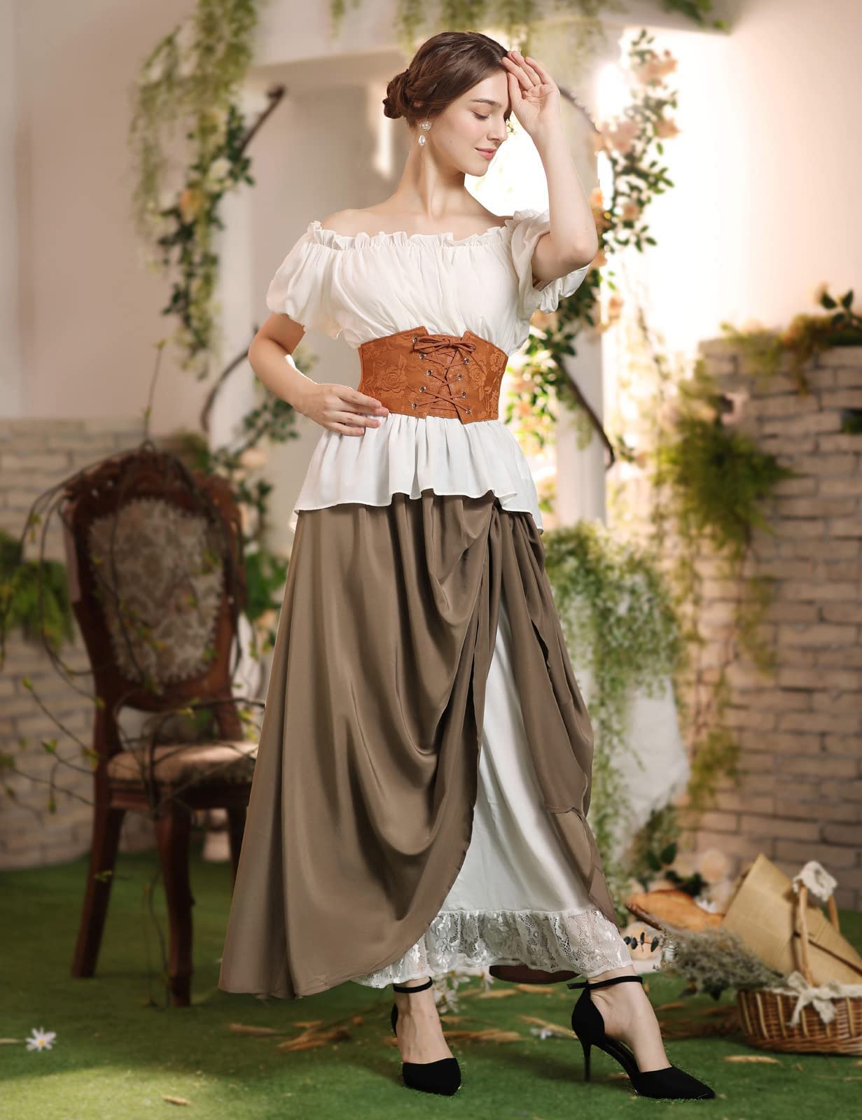 Scarlet Darkness Womens Maxi Skirt Victorian Renaissance High Waisted Double Layer Skirts Brown S