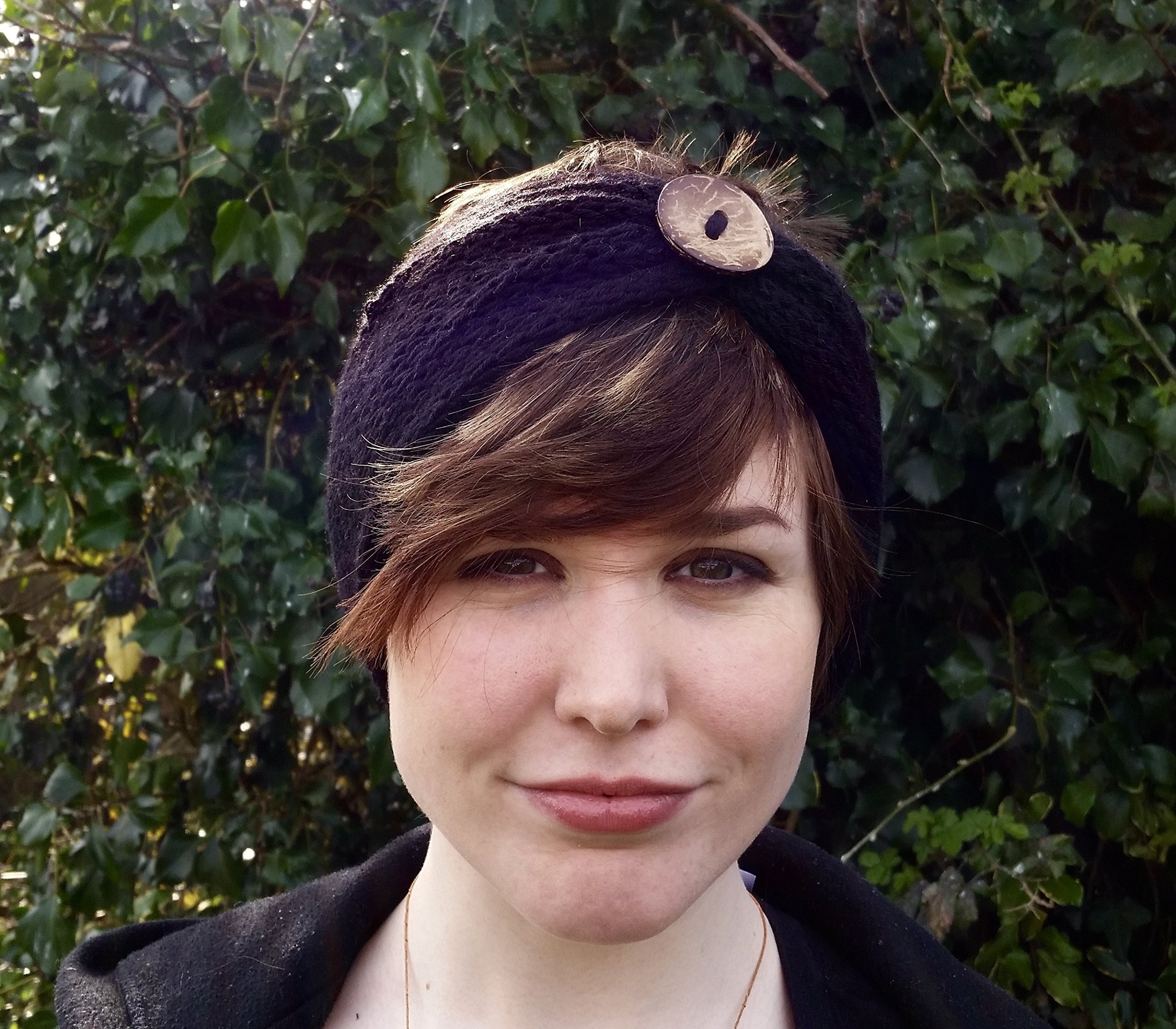 Handmade Black Knitted Wool Headband Ear Muffs with Coconut Button