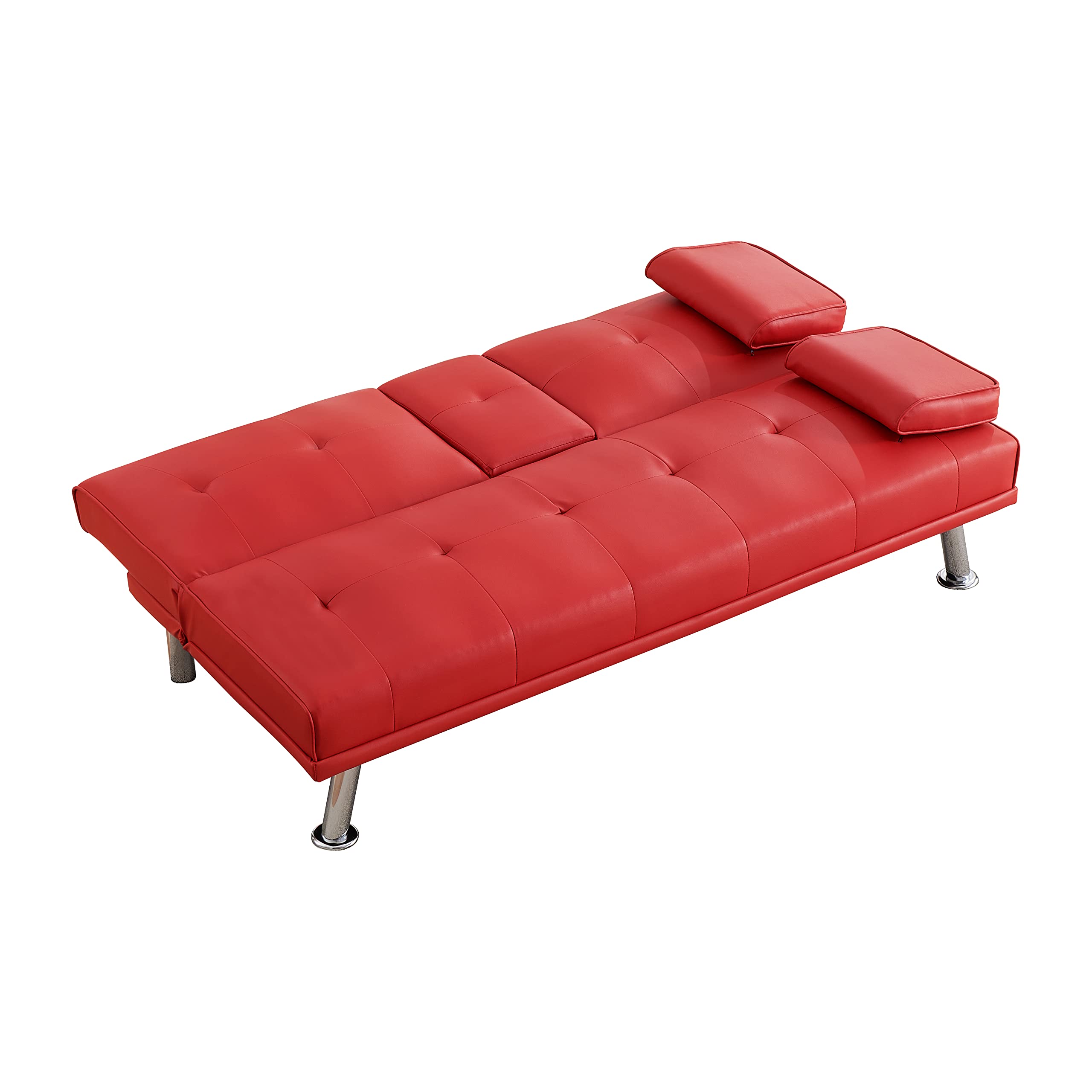 LIADTOP 67" Multifunctional Sofa 2 Cup Holders,Leather Loveseat Sleeper with Removable Armrests,Convertible Folding Couches Bed for Small Spaces,Red