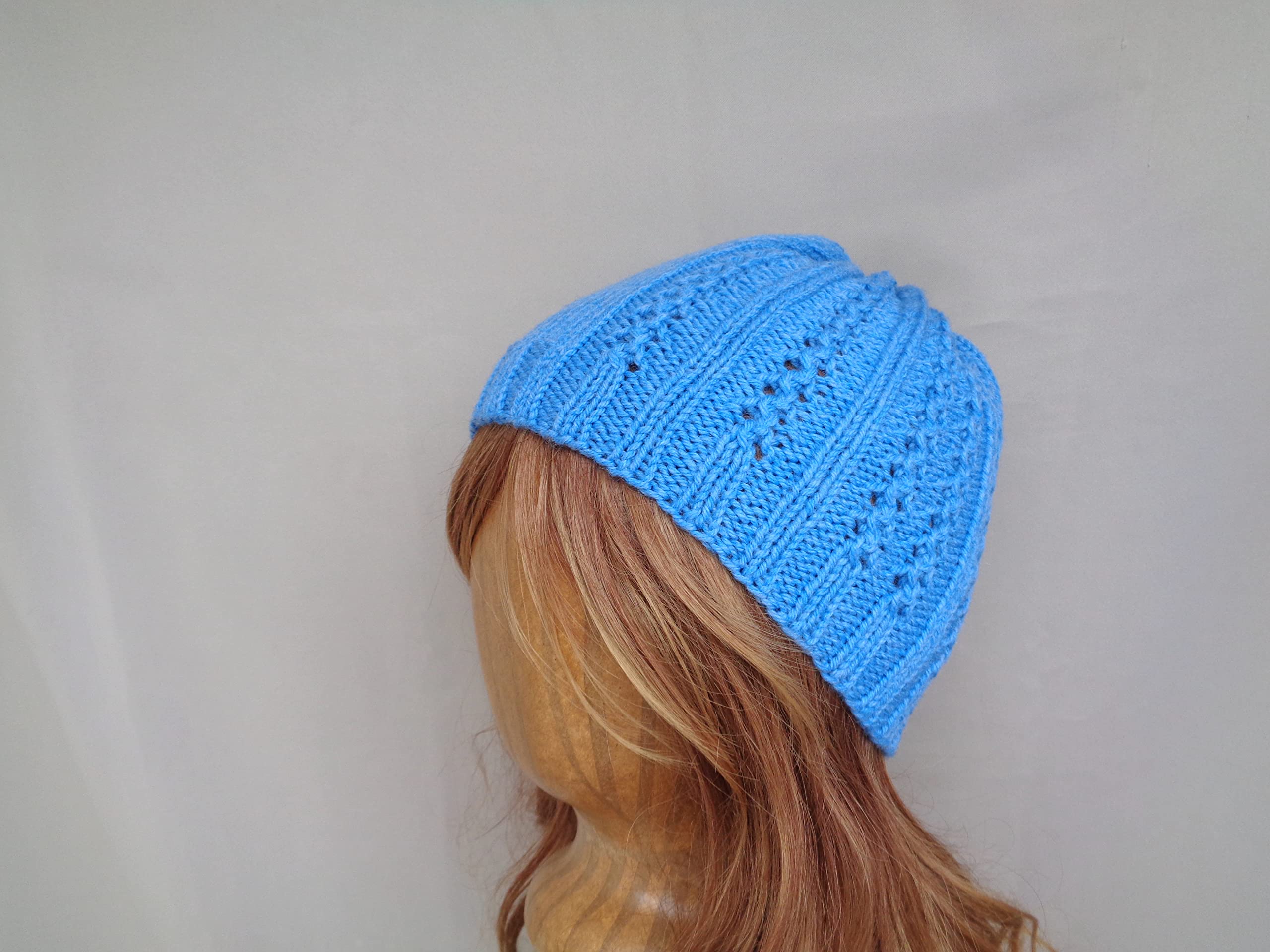 Womens Beanie Hat with Lace Design, Sky Blue, 100% Wool, Hand Knit Snug Cap, Teen Girls Skater Skullie