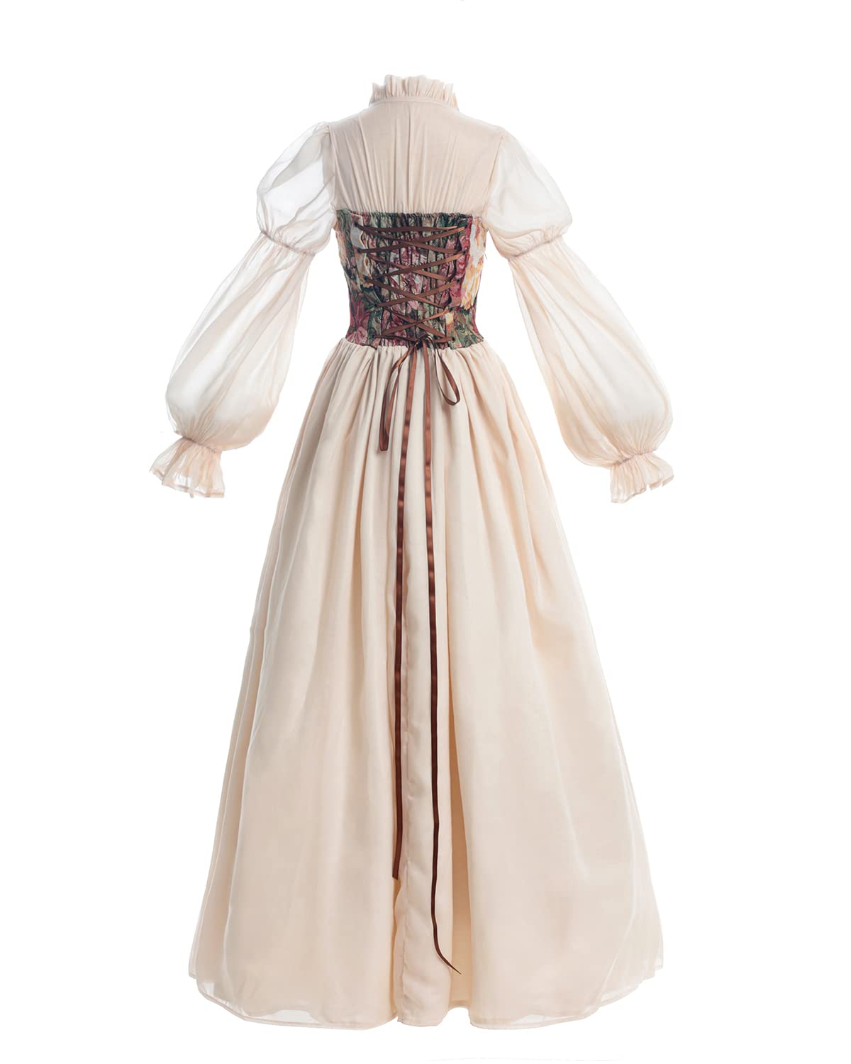 LTAKK Renaissance Dress Women Medieval Costume Victorian Ren Fair Dresses with Floral Corset, Beige, Large