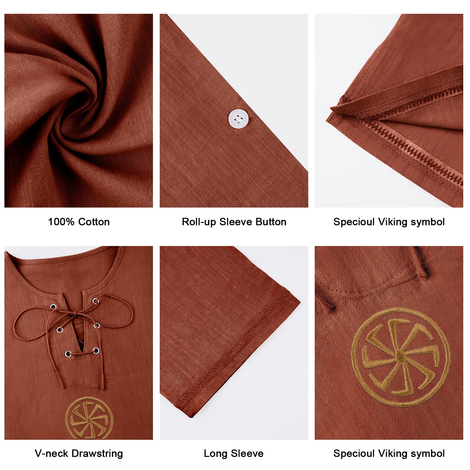 Men's Fashion Cotton Linen Shirt Long Sleeve Solid Color Ethnic Beach Yoga Top Brick Orange XL