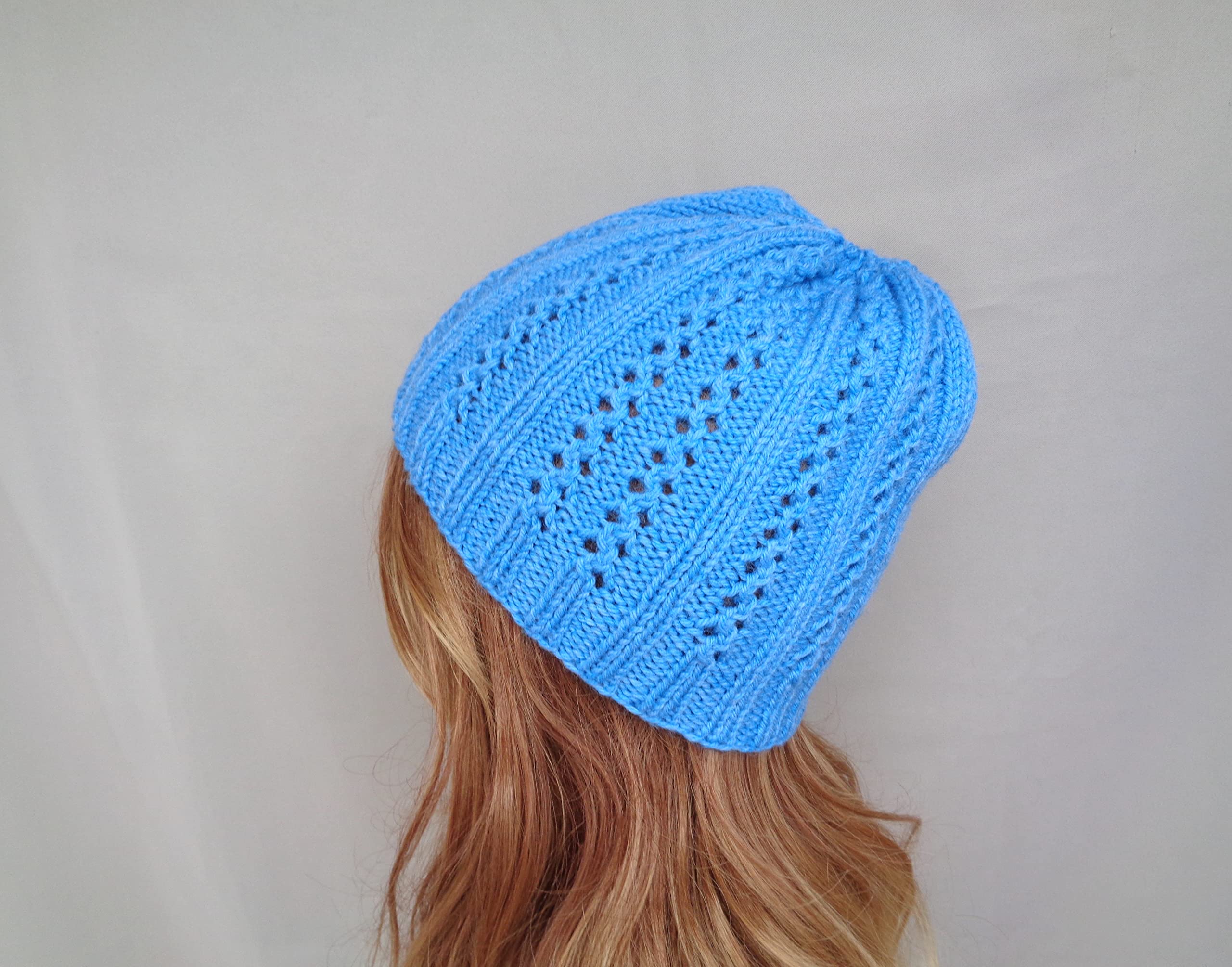 Womens Beanie Hat with Lace Design, Sky Blue, 100% Wool, Hand Knit Snug Cap, Teen Girls Skater Skullie
