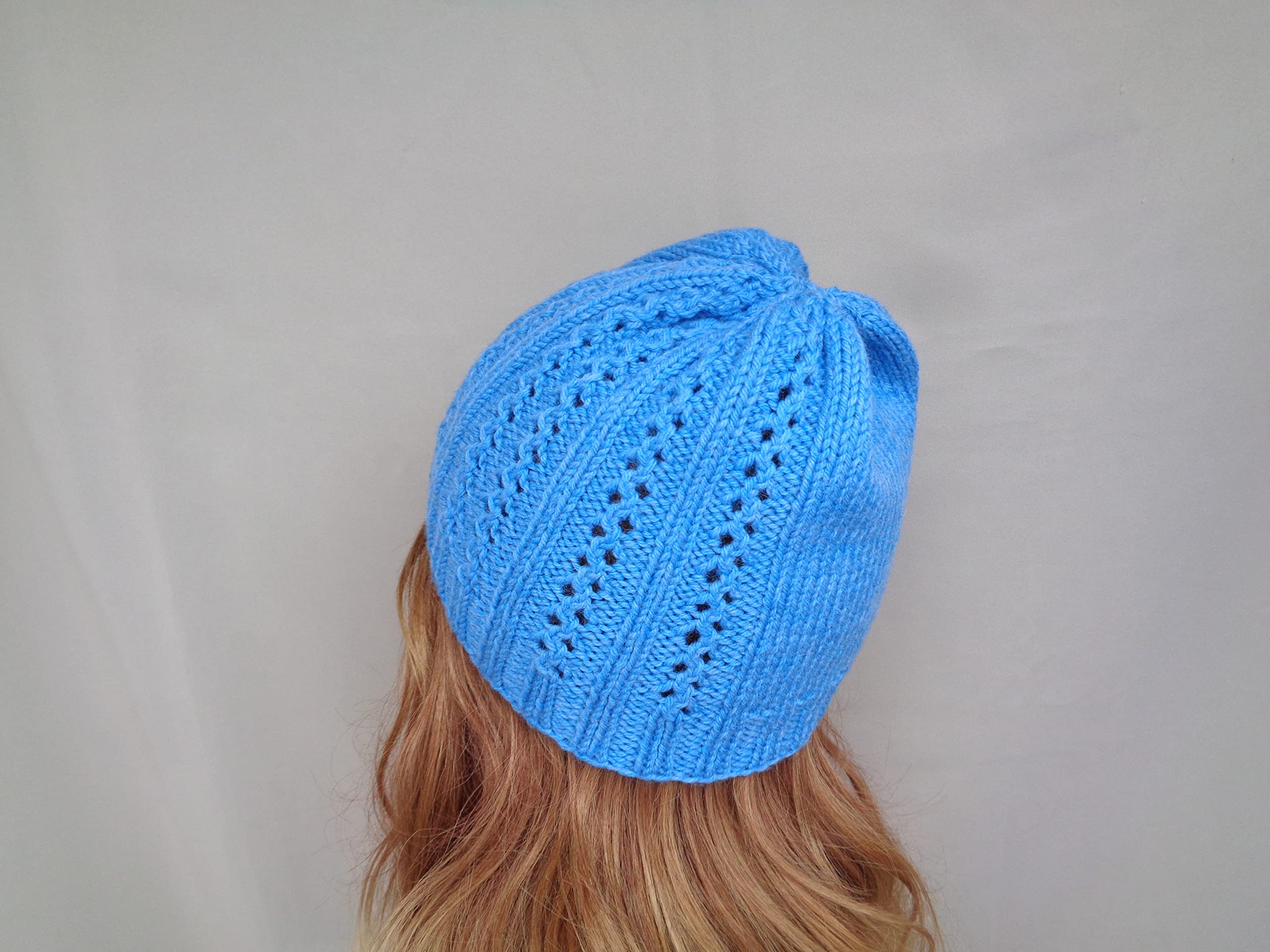 Womens Beanie Hat with Lace Design, Sky Blue, 100% Wool, Hand Knit Snug Cap, Teen Girls Skater Skullie